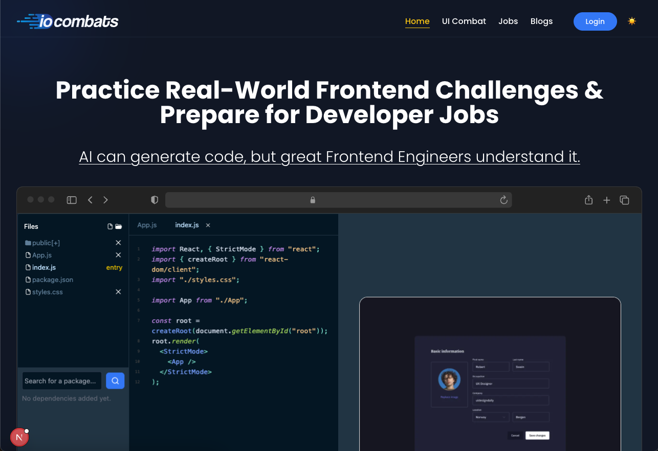 Practice Frontend Challenges, Learn UI Design & Find Developer Jobs | IO Combats